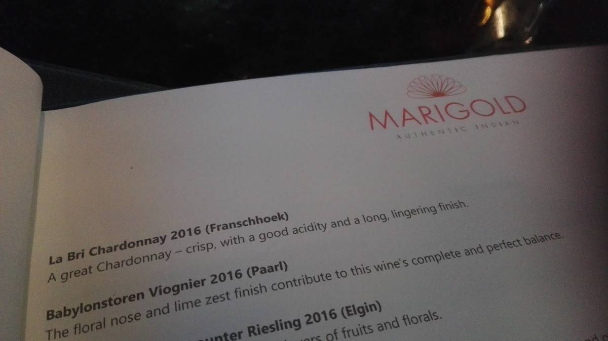 Menu at Marigold Restaurant, Franschhoek