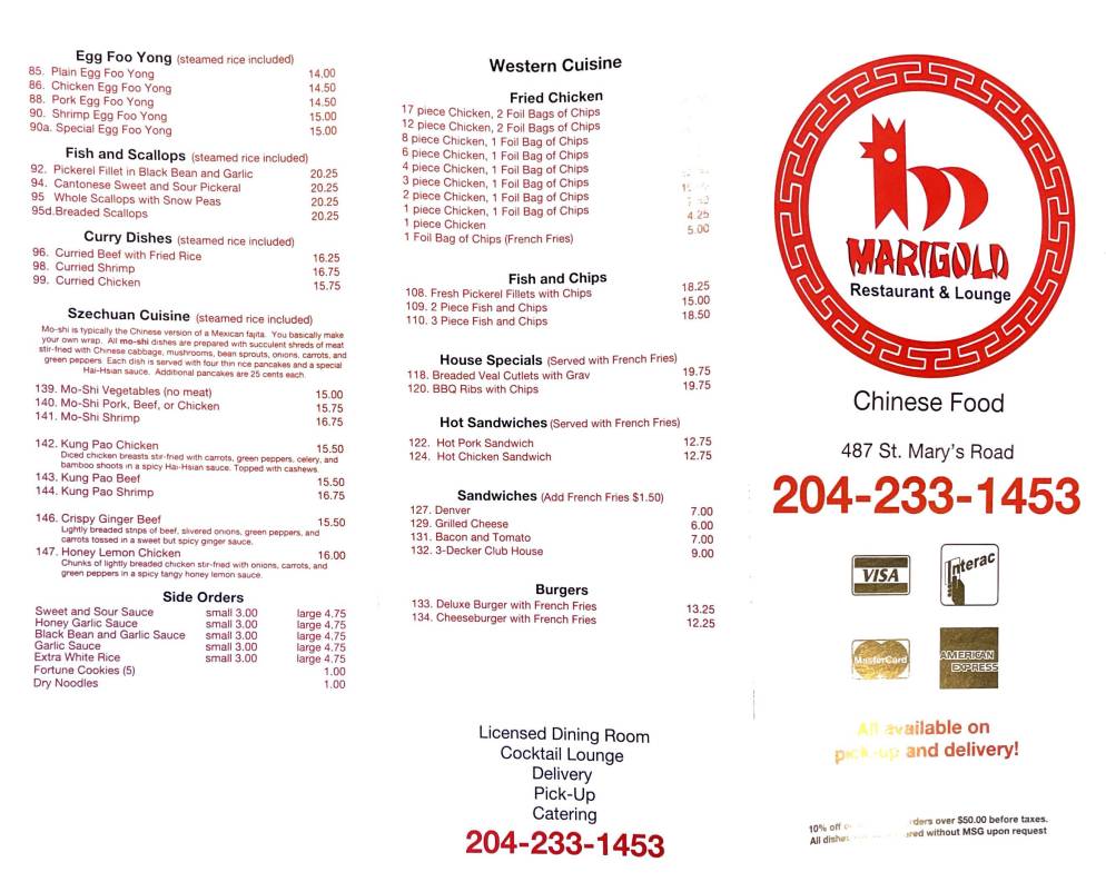 Menu at Marigold restaurant, Winnipeg, 487 St Mary's Rd