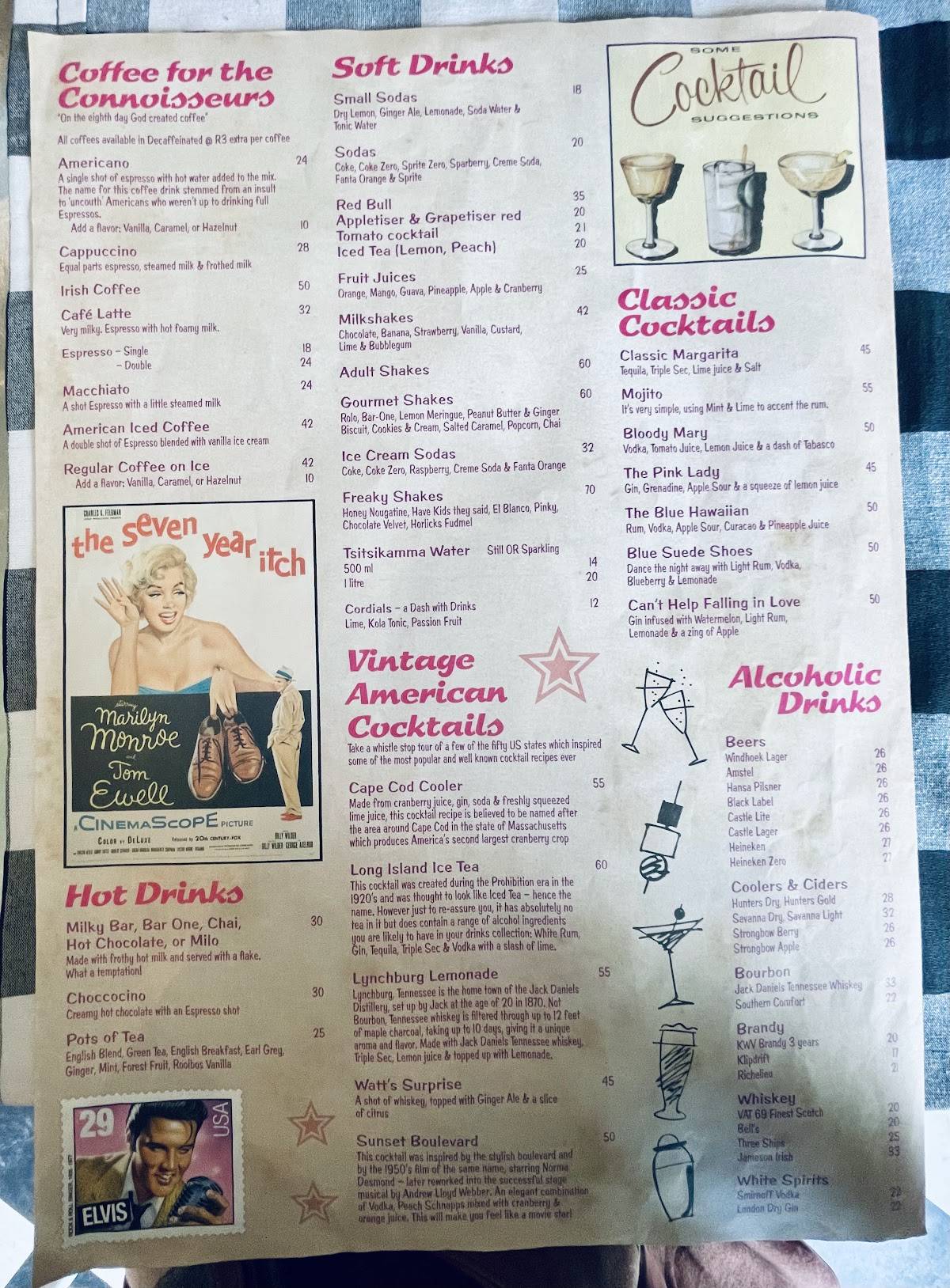 Menu at Marilyn's 60's Diner restaurant, Stormsrivier