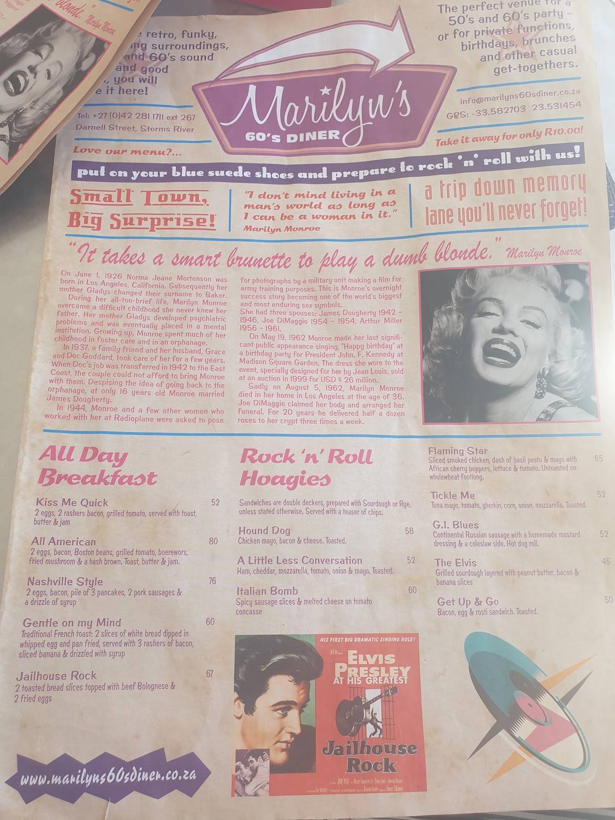 Menu at Marilyn's 60's Diner restaurant, Stormsrivier