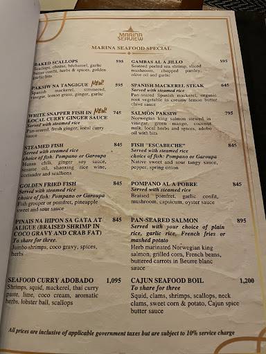 Menu at Marina Seaview Restaurant, Lapu-Lapu City, MEPZ 1 Skywalk