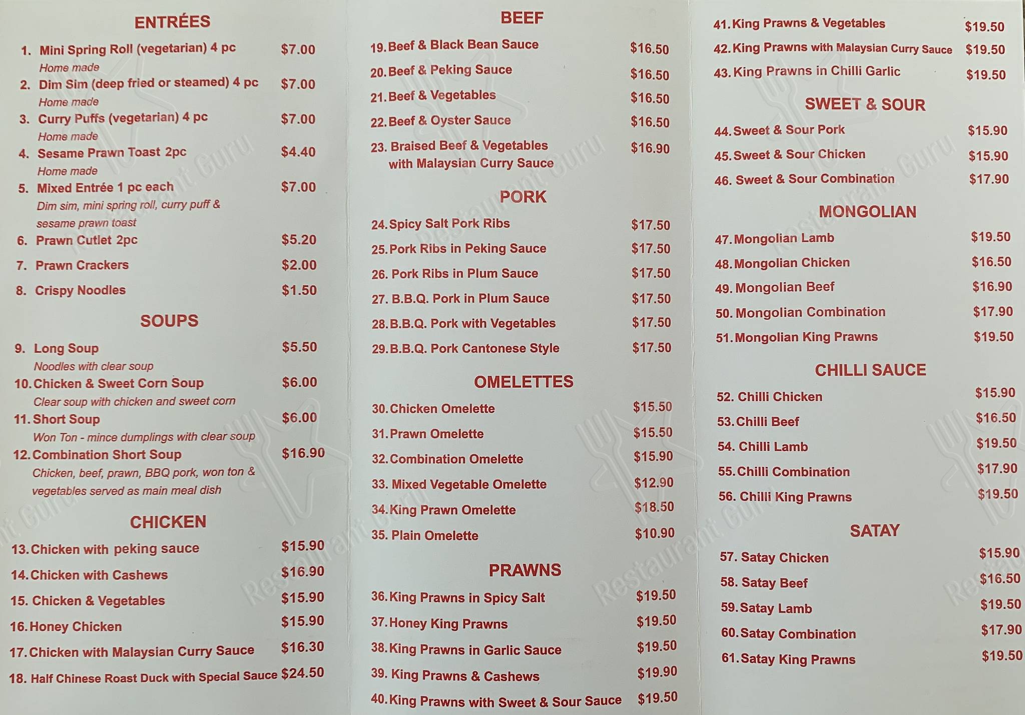 Menu at Mariner's Cafe Chinese Takeaway, Chinderah