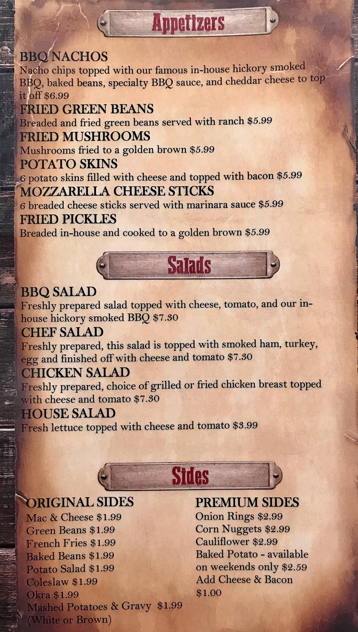Menu at Riley's Smokehouse BBQ, Marion