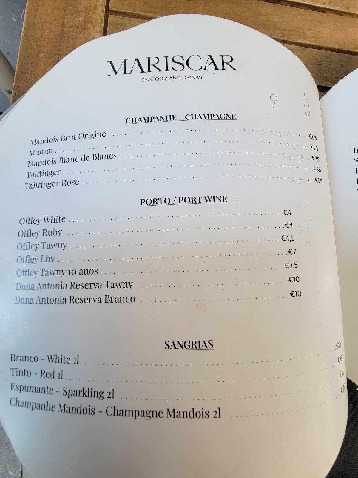 Menu at Mariscar restaurant, Porto
