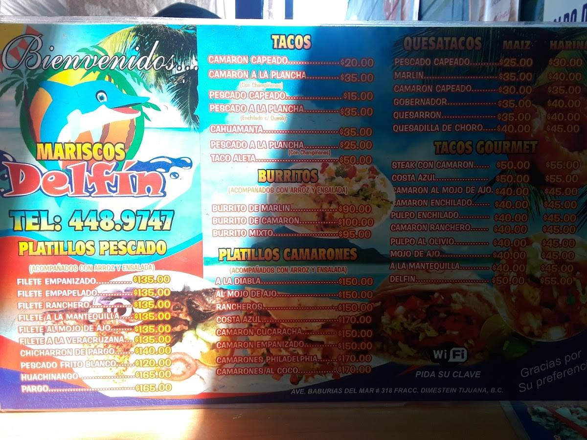 Carta del restaurante Mariscos Delfin, Tijuana