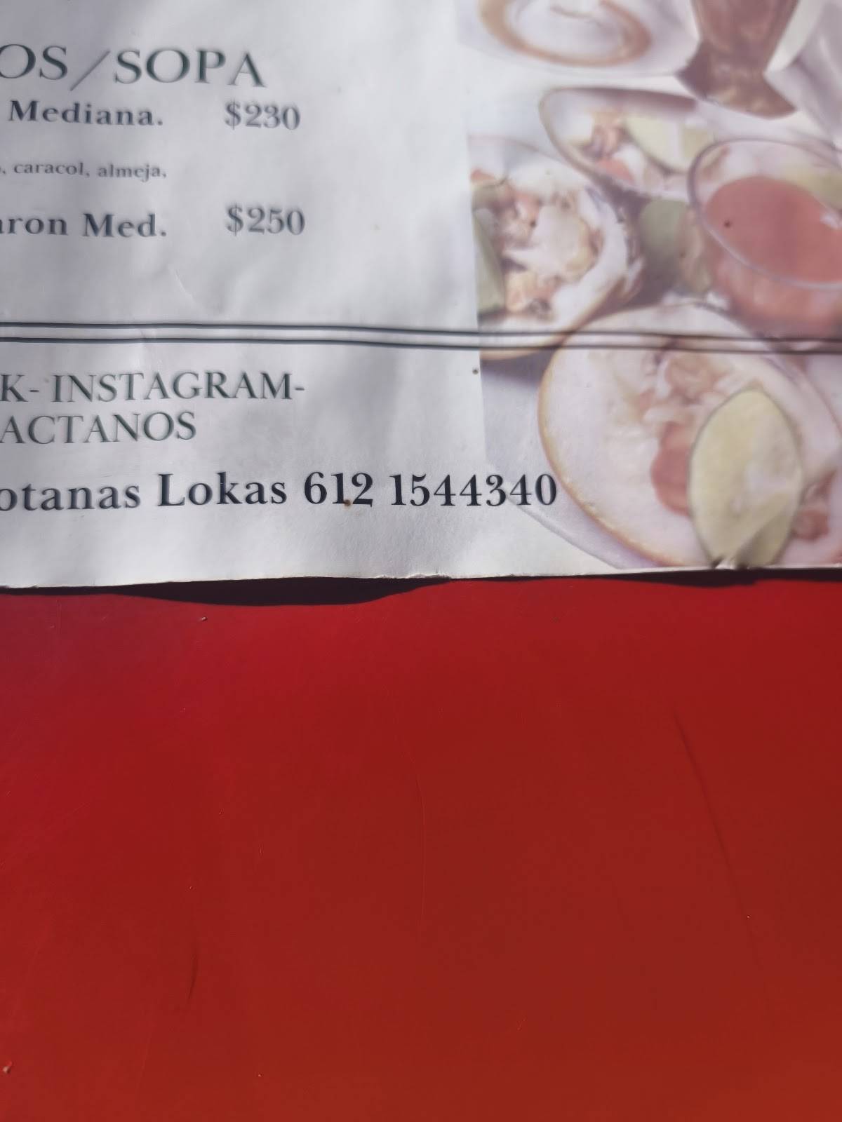 Carta del restaurante Mariscos El Manicomio, La Paz