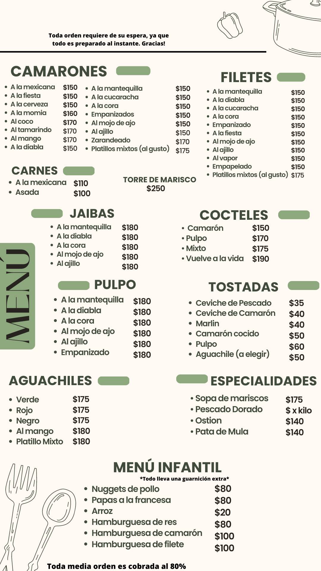 Menu at Mariscos Villa El Titanic restaurant, Villa Corona