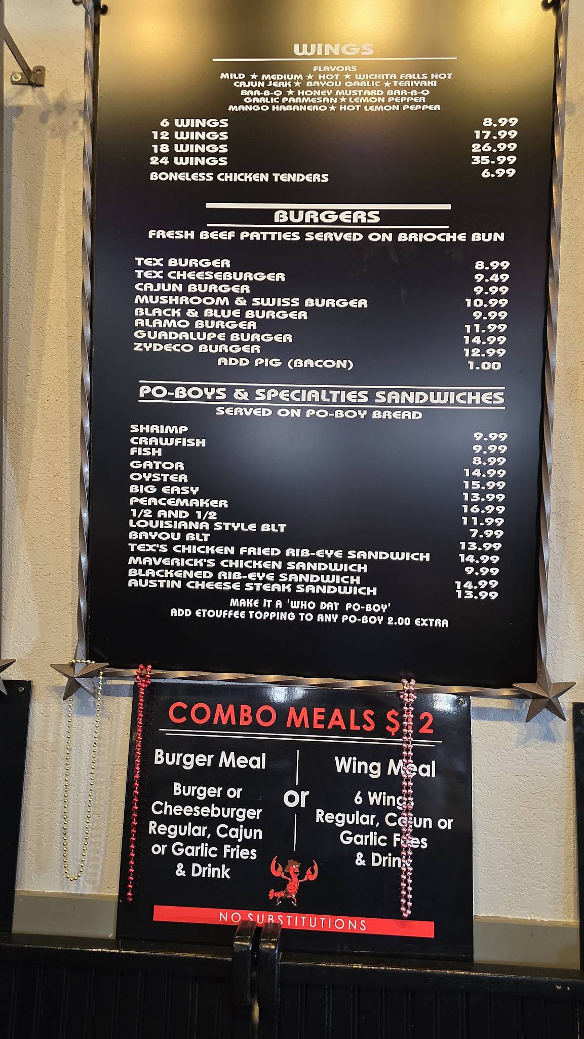 Menu at Cajun Tex Marshall restaurant, Marshall, 104 W Grand Ave