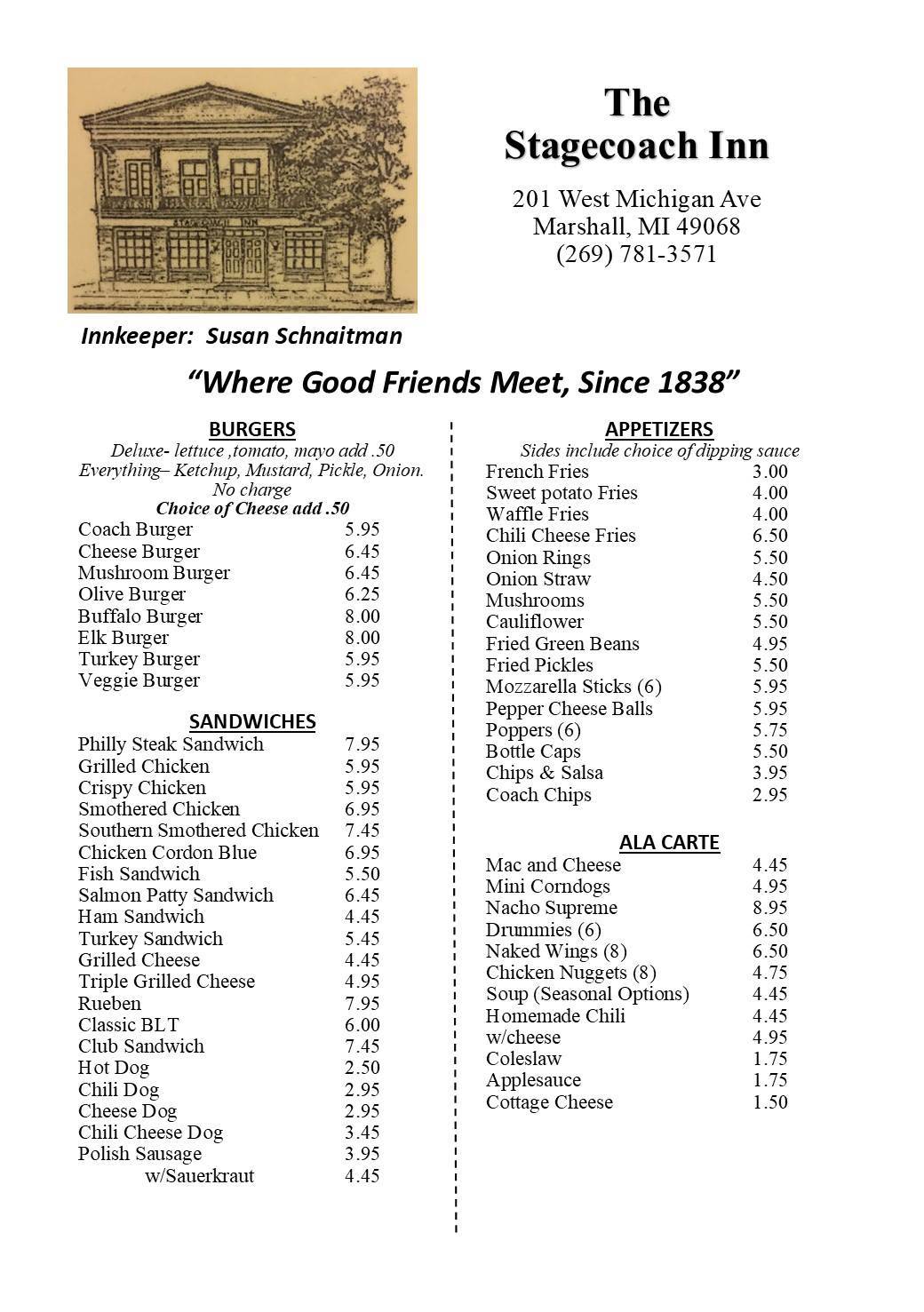 Menu at The Stagecoach Inn pub & bar, Marshall