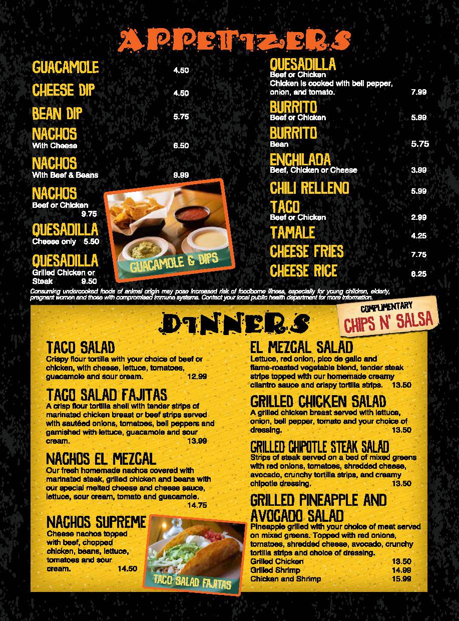 Menu at El Mezcal restaurant, Marshfield