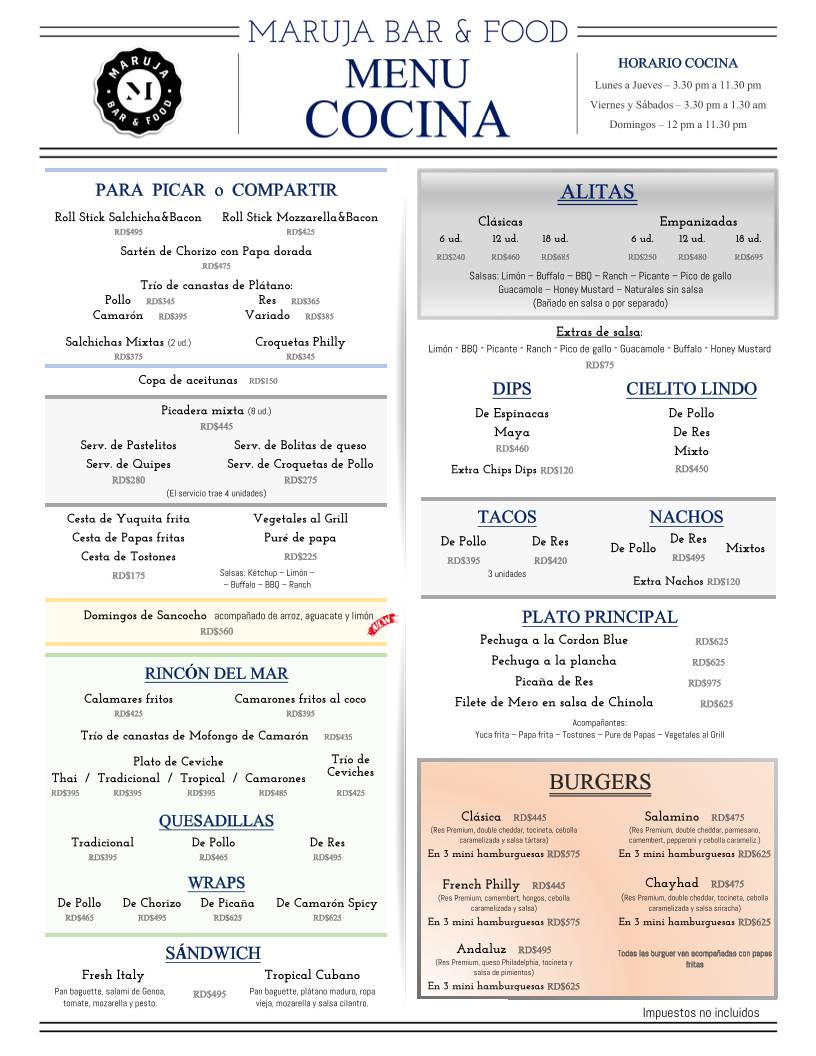 Carta de Maruja Bar & Food & Coffee, Santo Domingo, Av. Gustavo Mejía ...