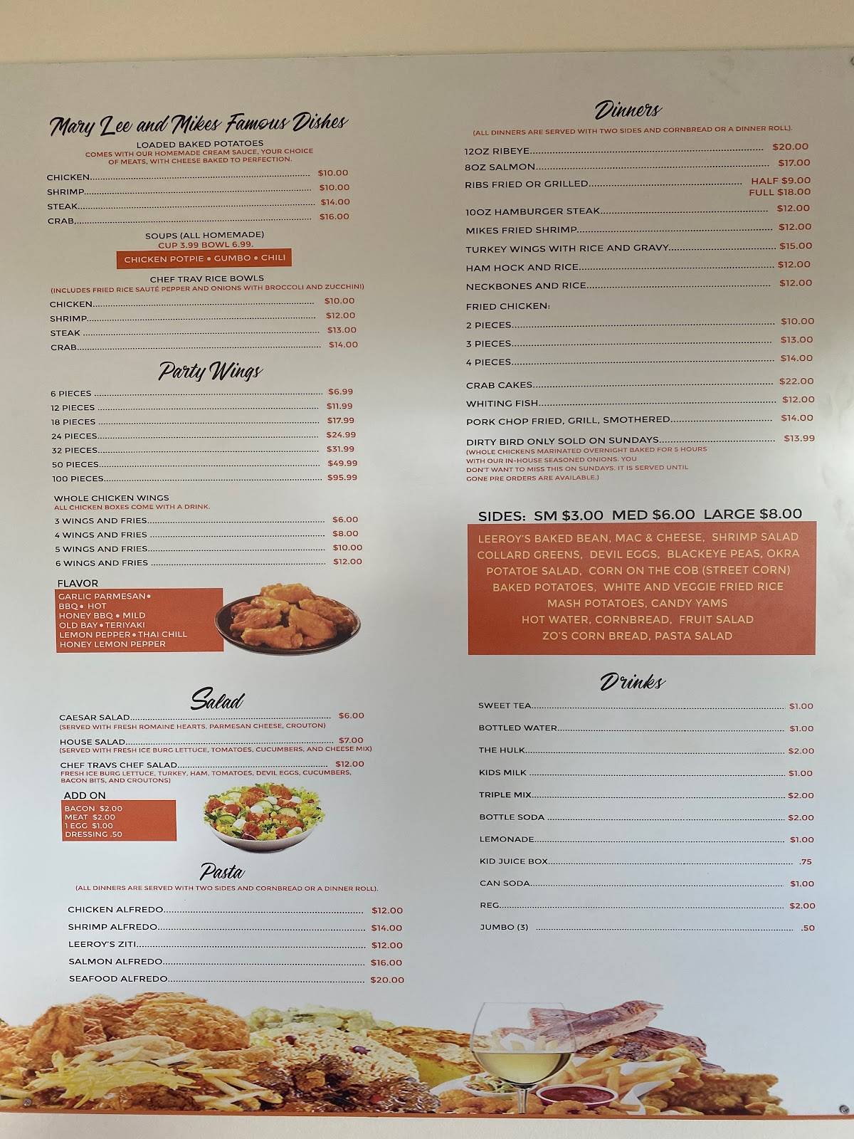 Menu at Mary Lee & Mike's Soul Food restaurant, Fayetteville