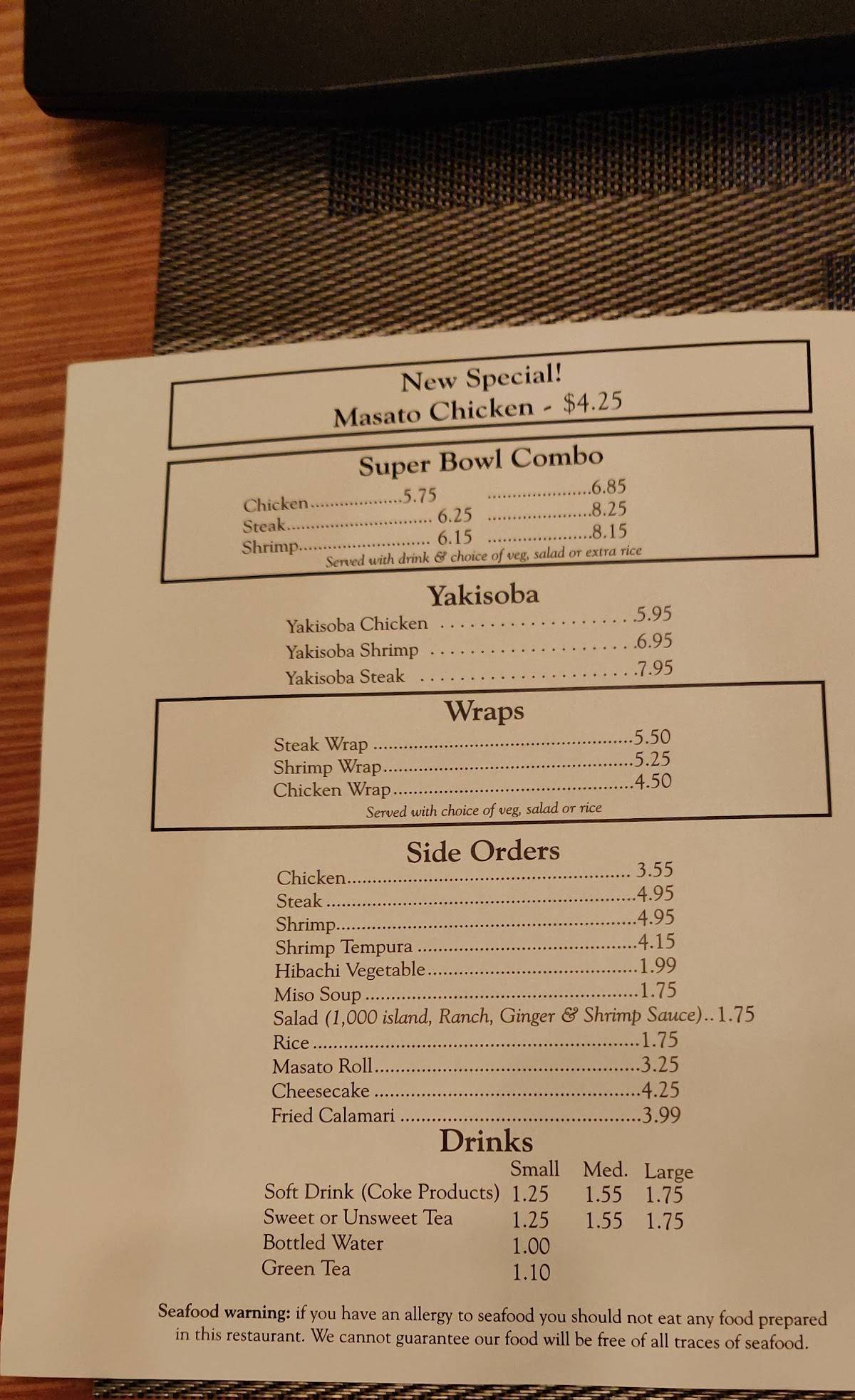 Menu at Masato Express restaurant, Thomasville, Remington Ave