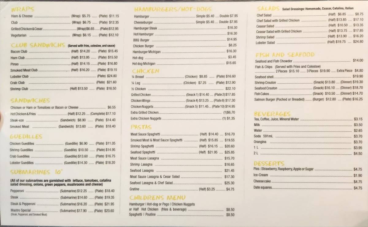 Menu au Mastro Pizzeria, Gaspé