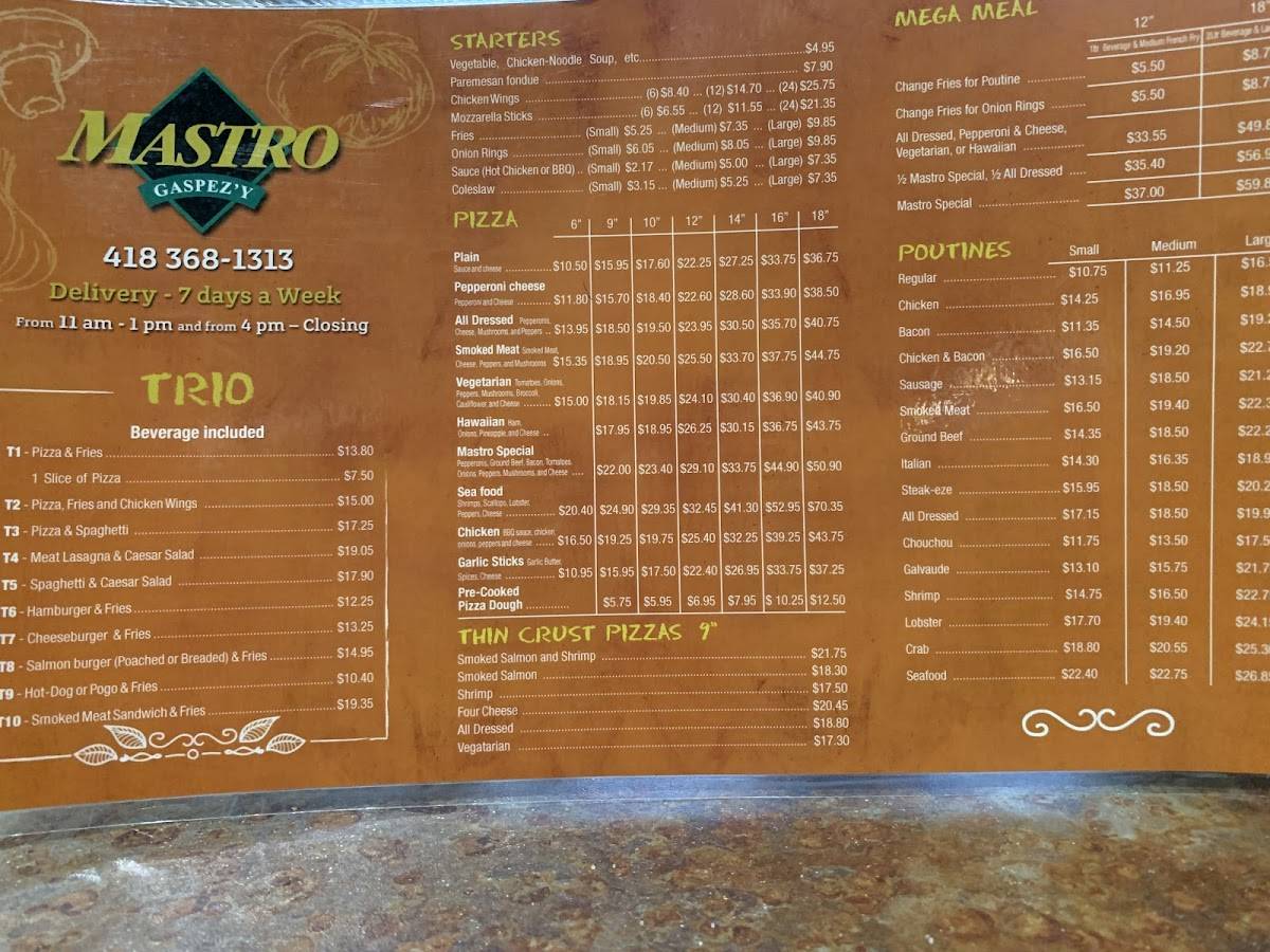 Menu au Mastro Pizzeria, Gaspé