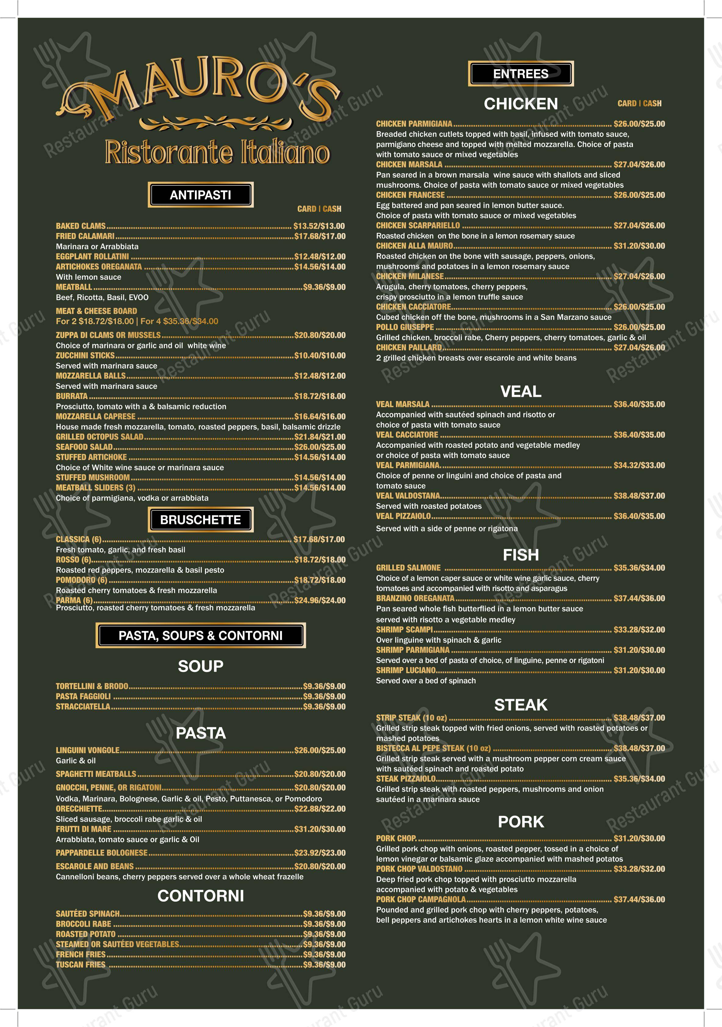 Menu at Mauro Ristorante restaurant, Carle Place