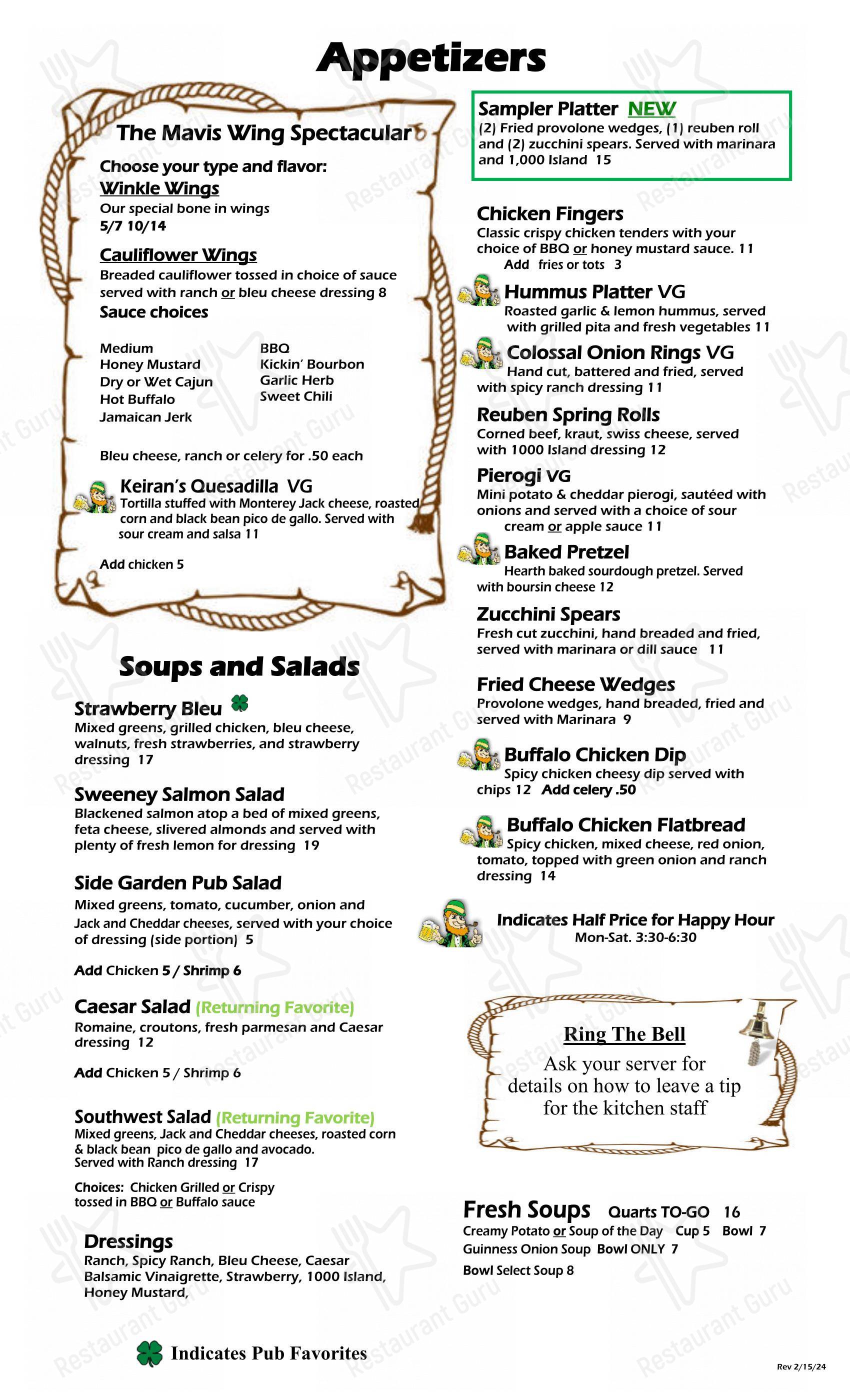 Menu at Mavis Winkle’s Irish Pub, Twinsburg