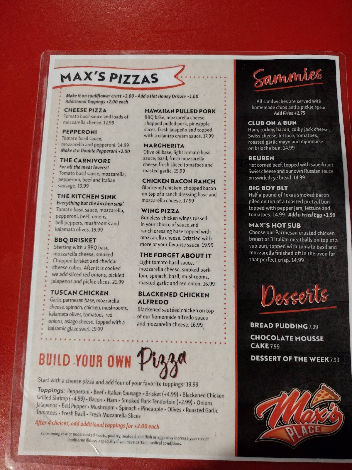 Menu at Max's Place restaurant, Winnie