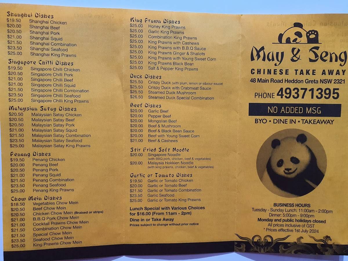Menu at May & Seng Chinese Take Away fast food, Heddon Greta