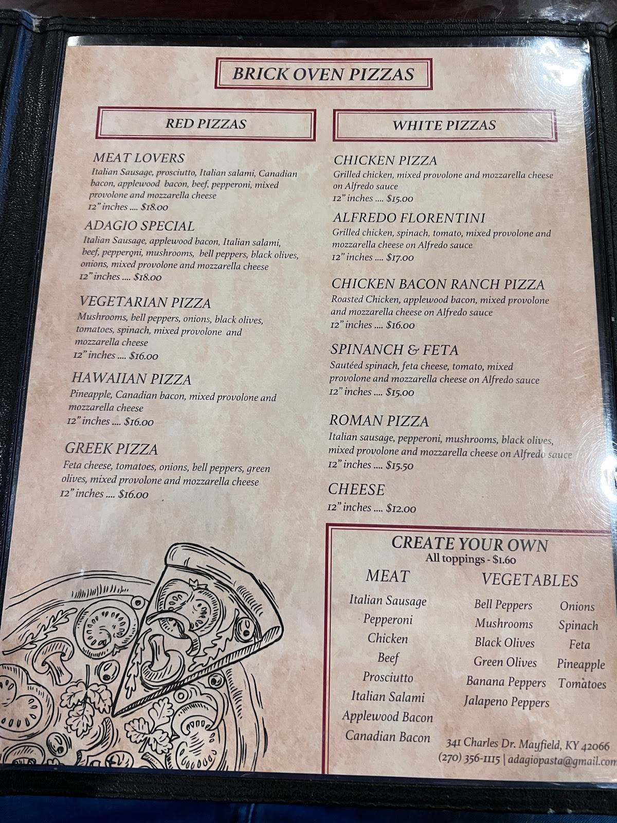 Menu at Adagio pasta and grill restaurant, Mayfield