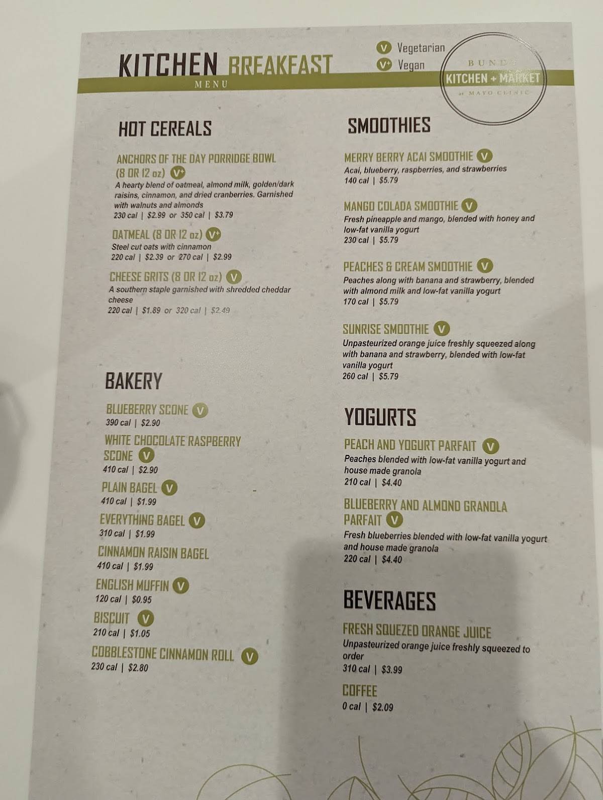 Menu at Mayo Clinic Bundy Café & Atrium cafe, Jacksonville