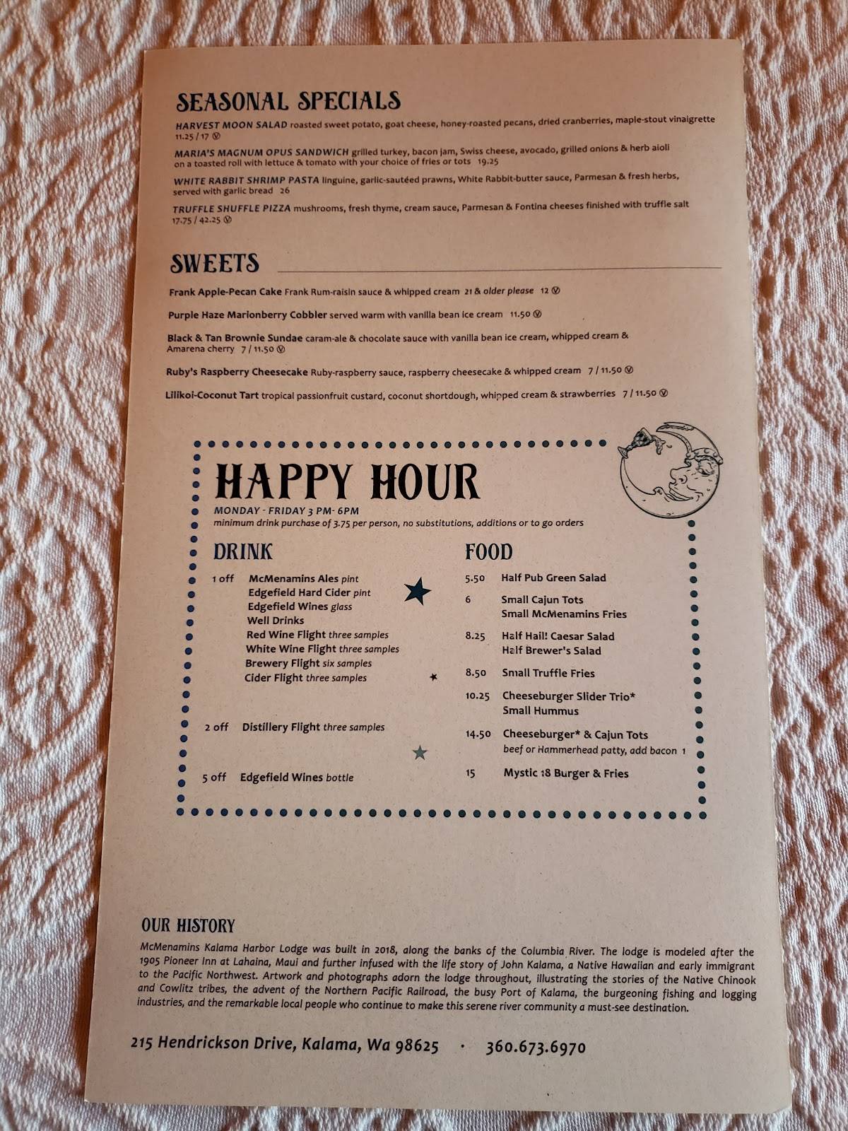 Menu at McMenamins Pub at Kalama Harbor Lodge, Kalama