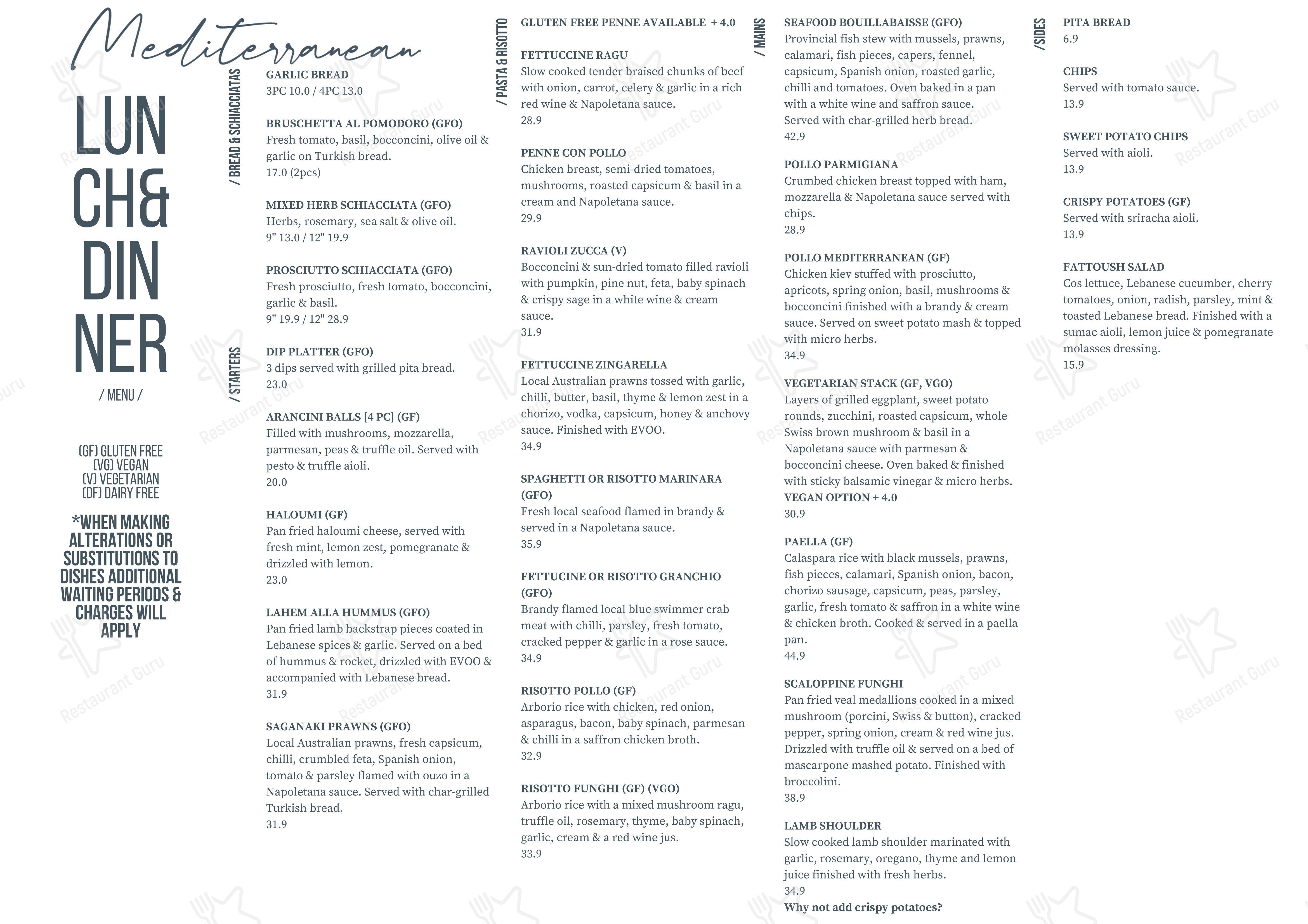 Menu at Mediterranean Cafe Ristorante, Glenelg South