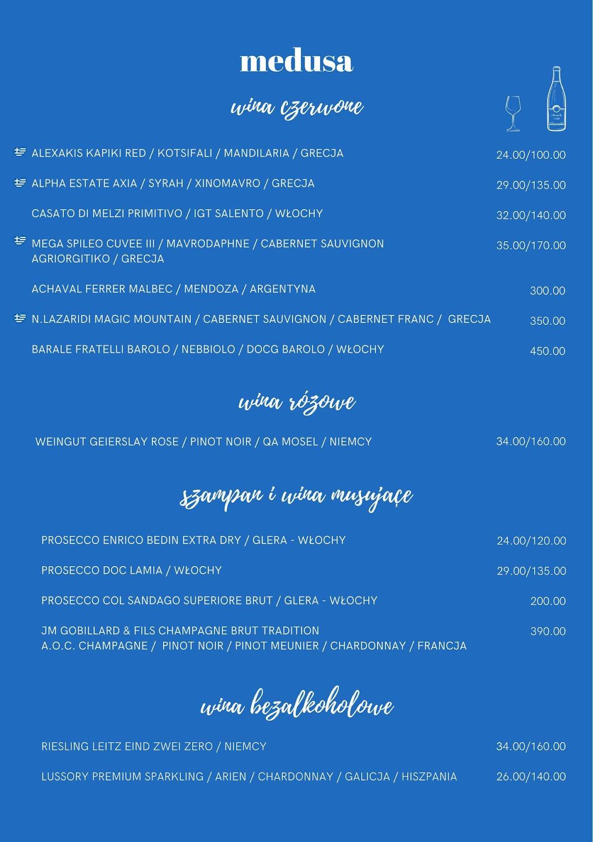 Menu at Medusa Warszawa restaurant, Warsaw