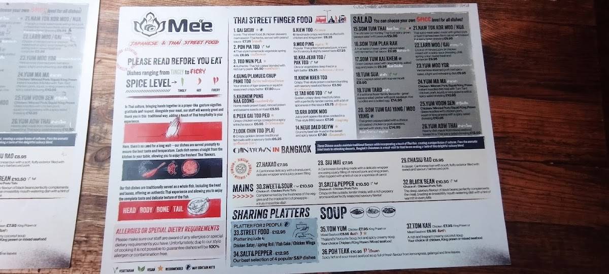 Menu at Mee Japanese & Thai Street Food restaurant, Liverpool