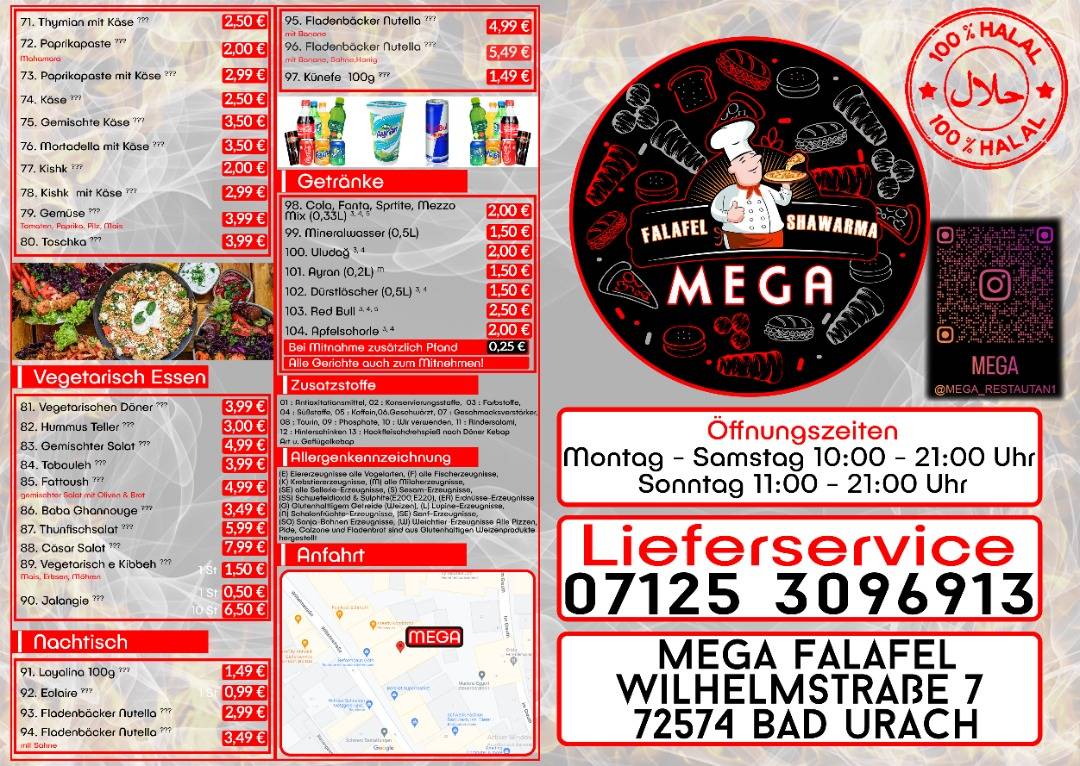 Speisekarte von Mega Falafel & Schawerma restaurant, Bad Urach