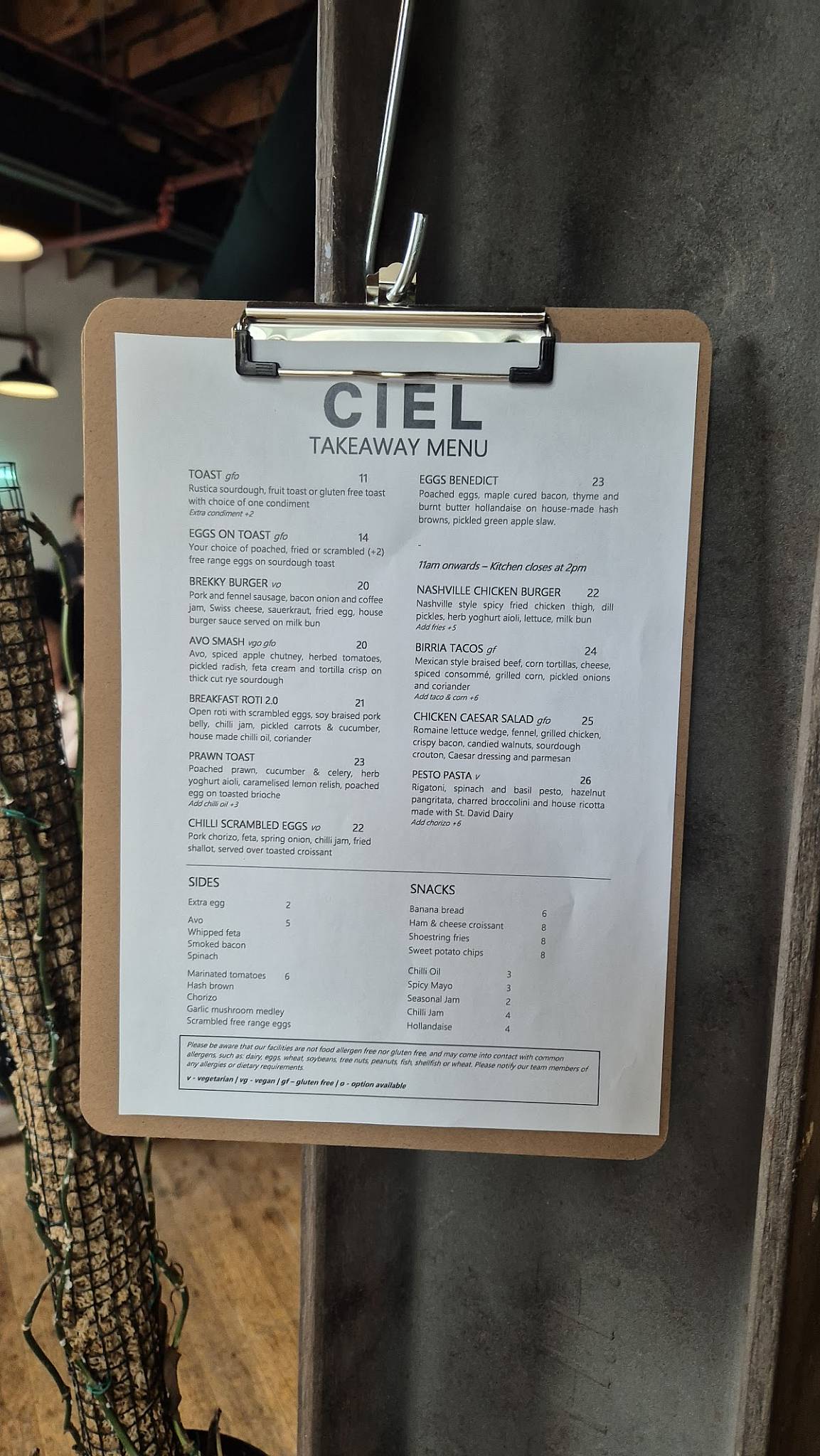 Menu at CIEL Cafe, Southbank