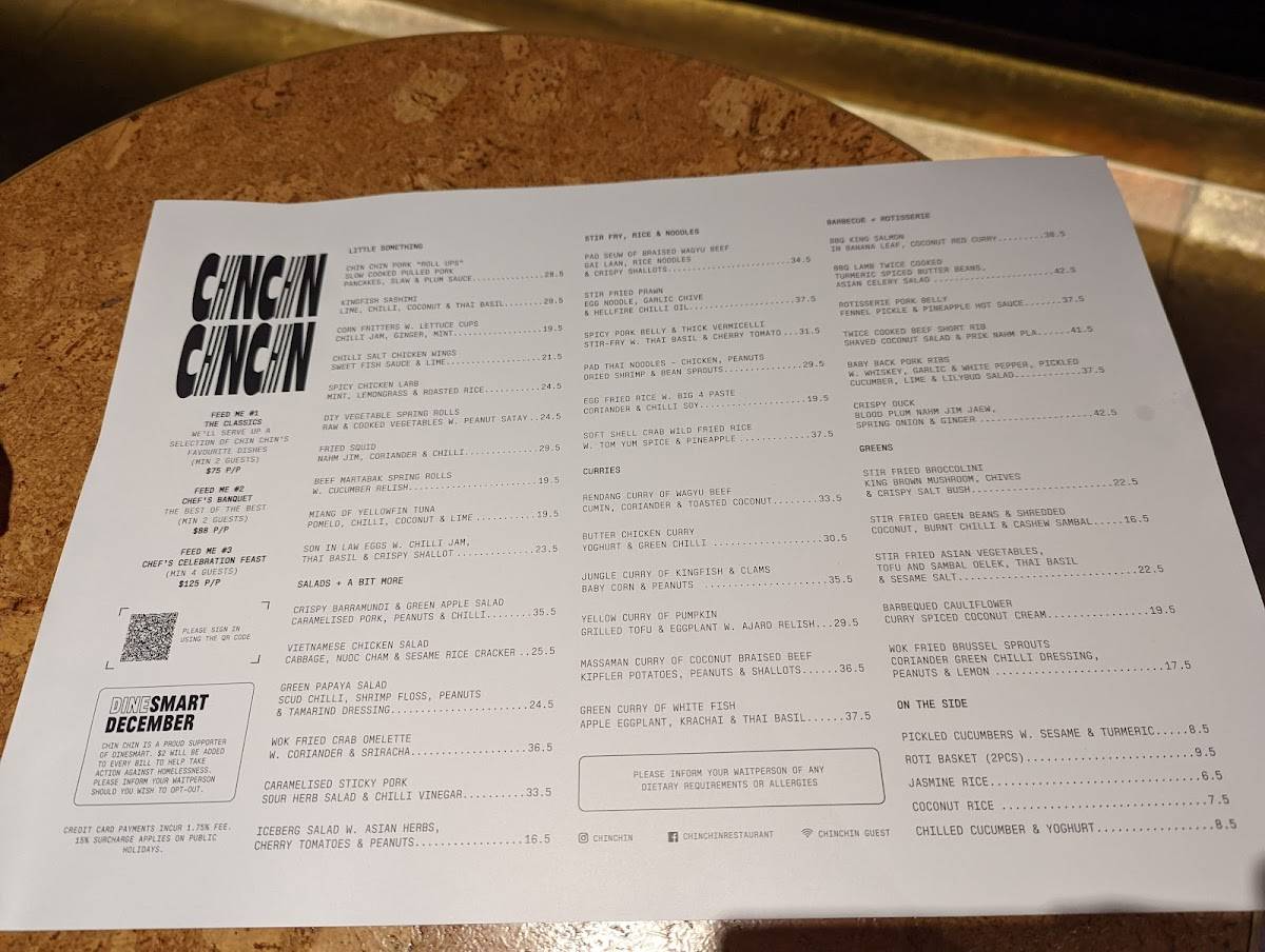 Menu at Chin Chin restaurant, Melbourne