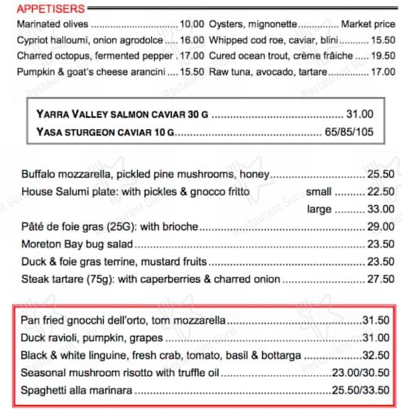 Menu at The European restaurant, Melbourne