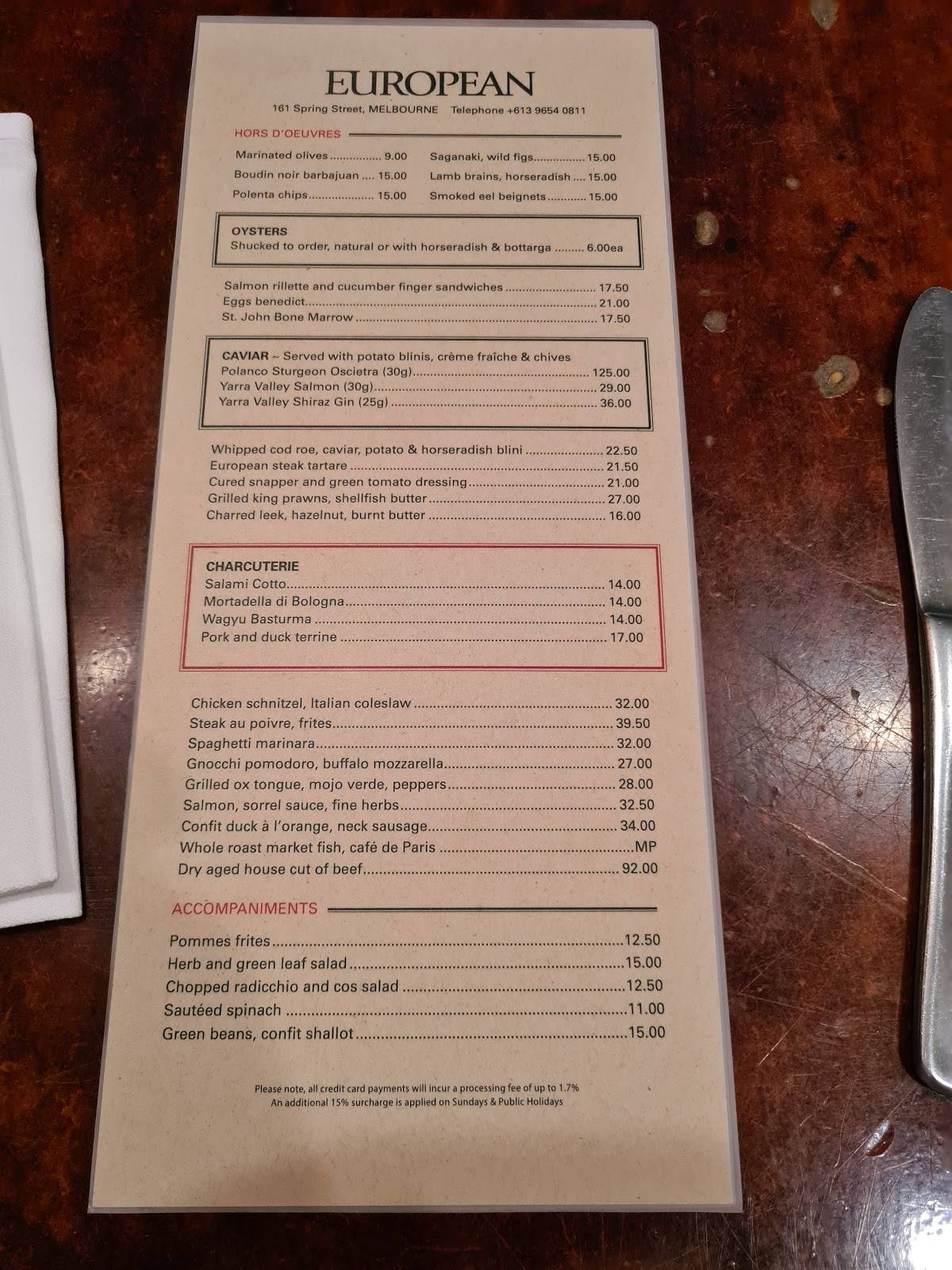 Menu at The European restaurant, Melbourne
