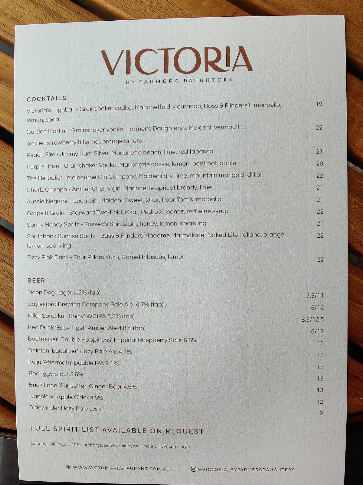 Menu at Victoria by Farmer's Daughters restaurant, Melbourne