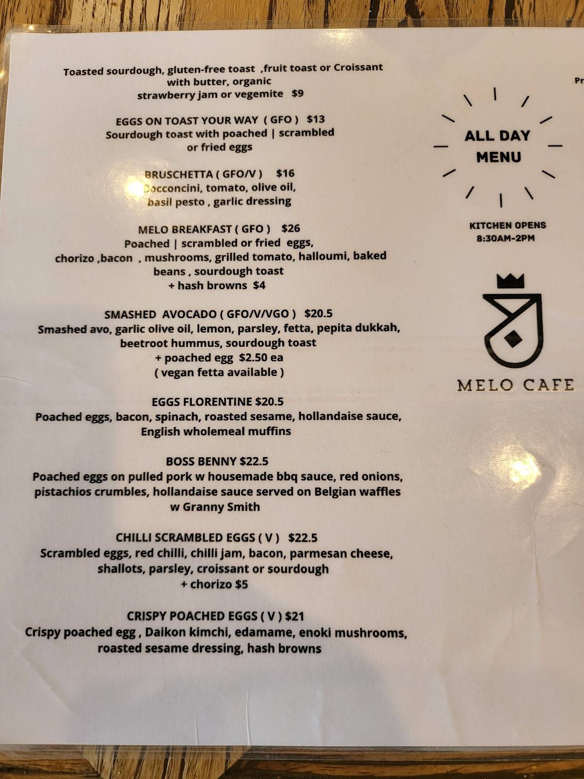 Menu at Melo Cafe, Windsor Gardens