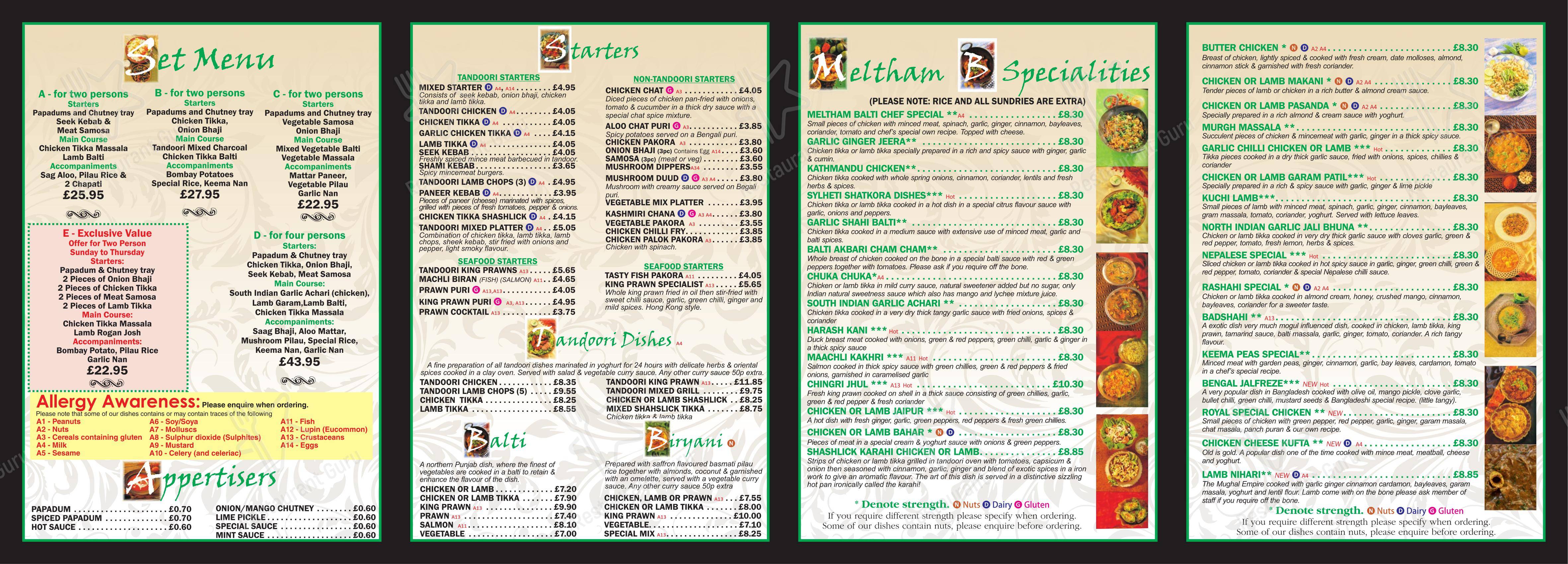 Menu at Meltham Balti restaurant, Holmfirth, 18/20 Huddersfield Rd