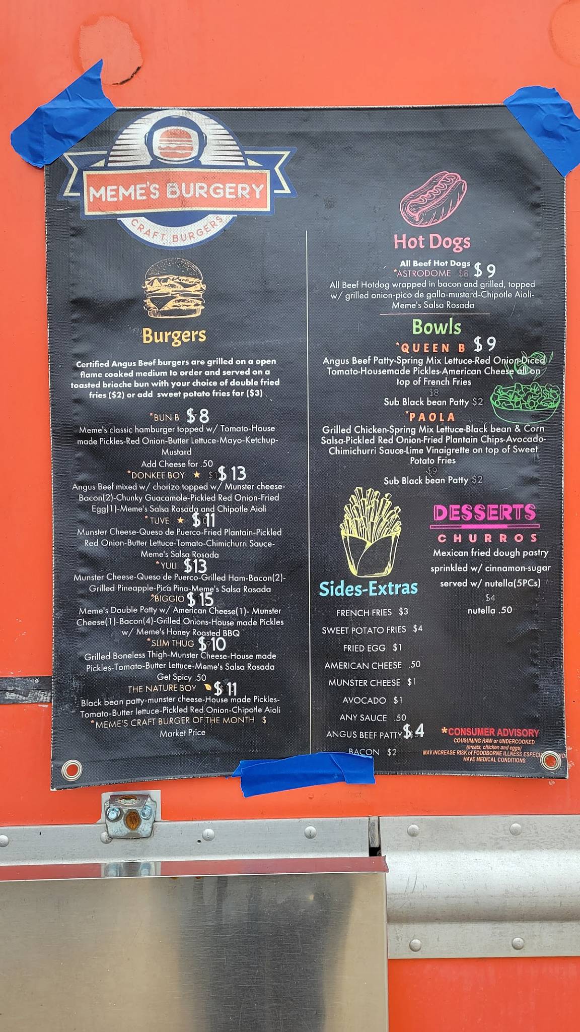 Menu at Meme’s Burgery restaurant, Batesville