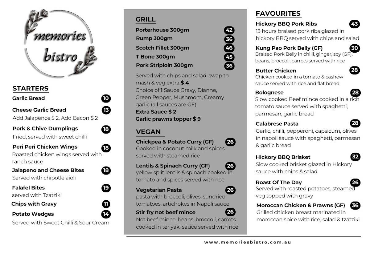 Menu at Memories Bistro restaurant, Tennant Creek