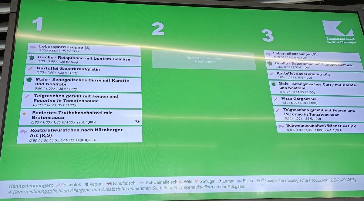 Menu at Mensa Arcisstraße cafeteria, Munich