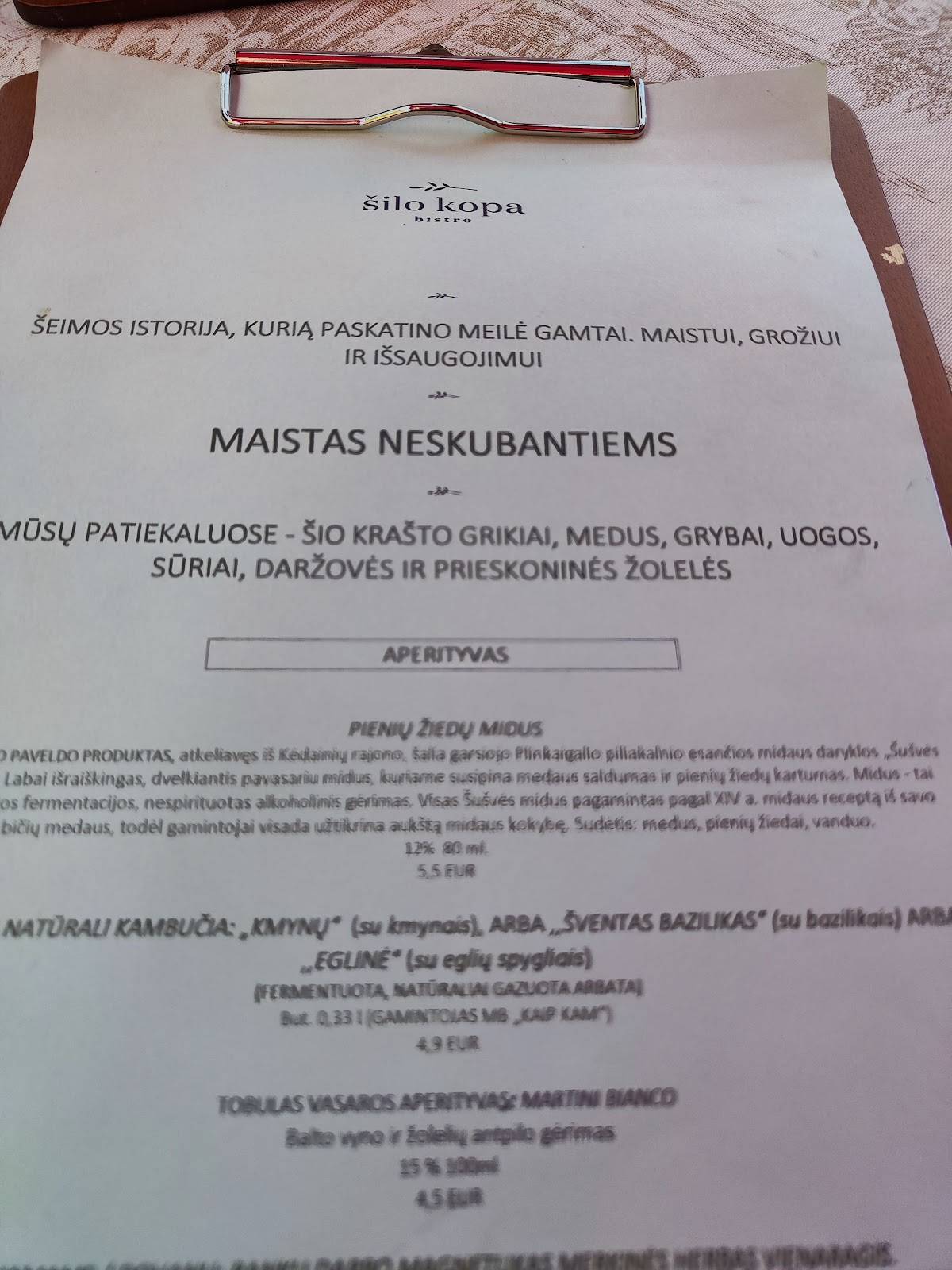 Menu at Šilo kopa restaurant, Merkinė