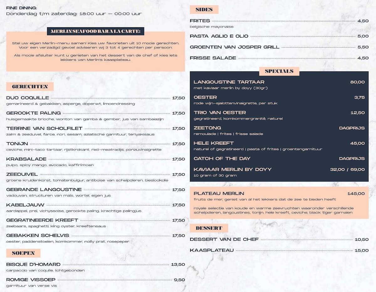 Speisekarte von Merlin Seafood, Eindhoven