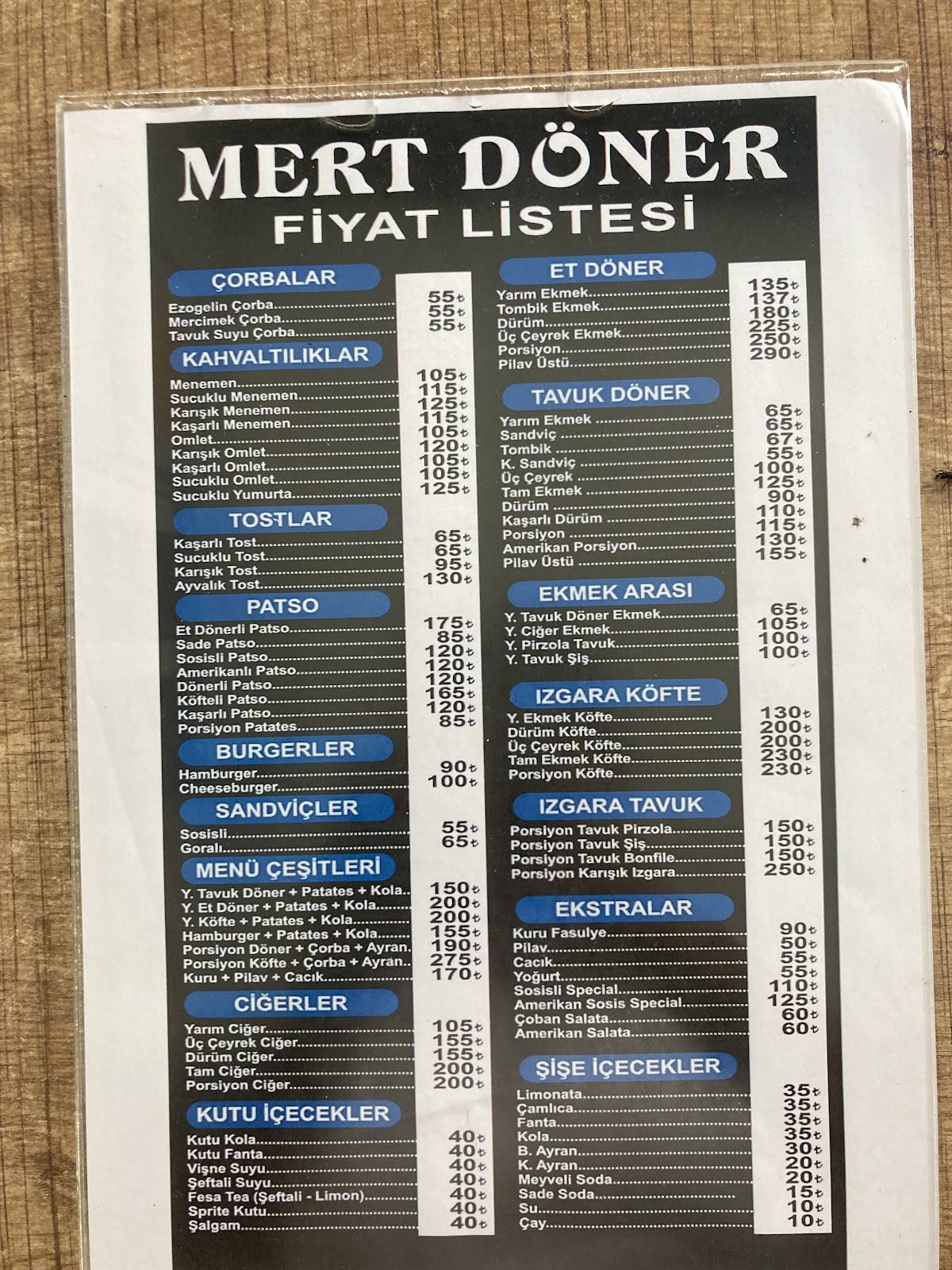 Menu at Mert Fast food, Istanbul