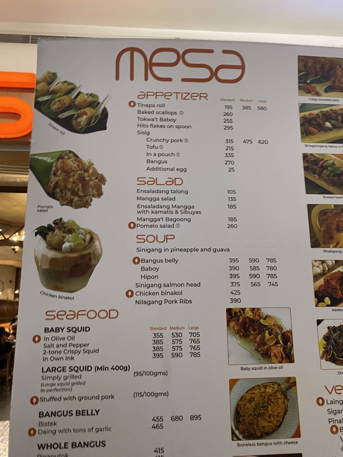 Menu at Mesa Filipino Moderne restaurant, Pasay, SM Mall of Asia