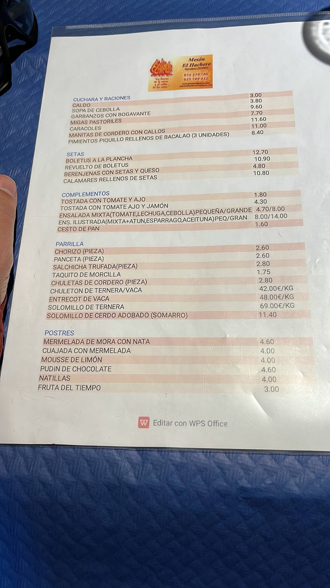 Carta del restaurante Mesón El Hachero C B, Navaleno