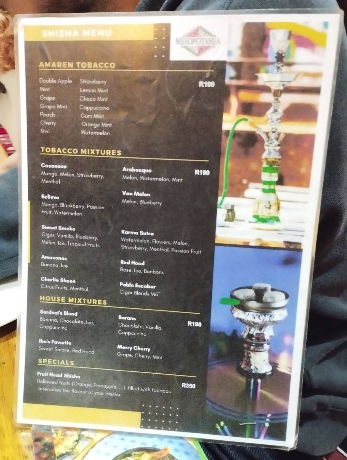 Menu at Mesopotamia Restaurant, Cape Town, 36 Burg St