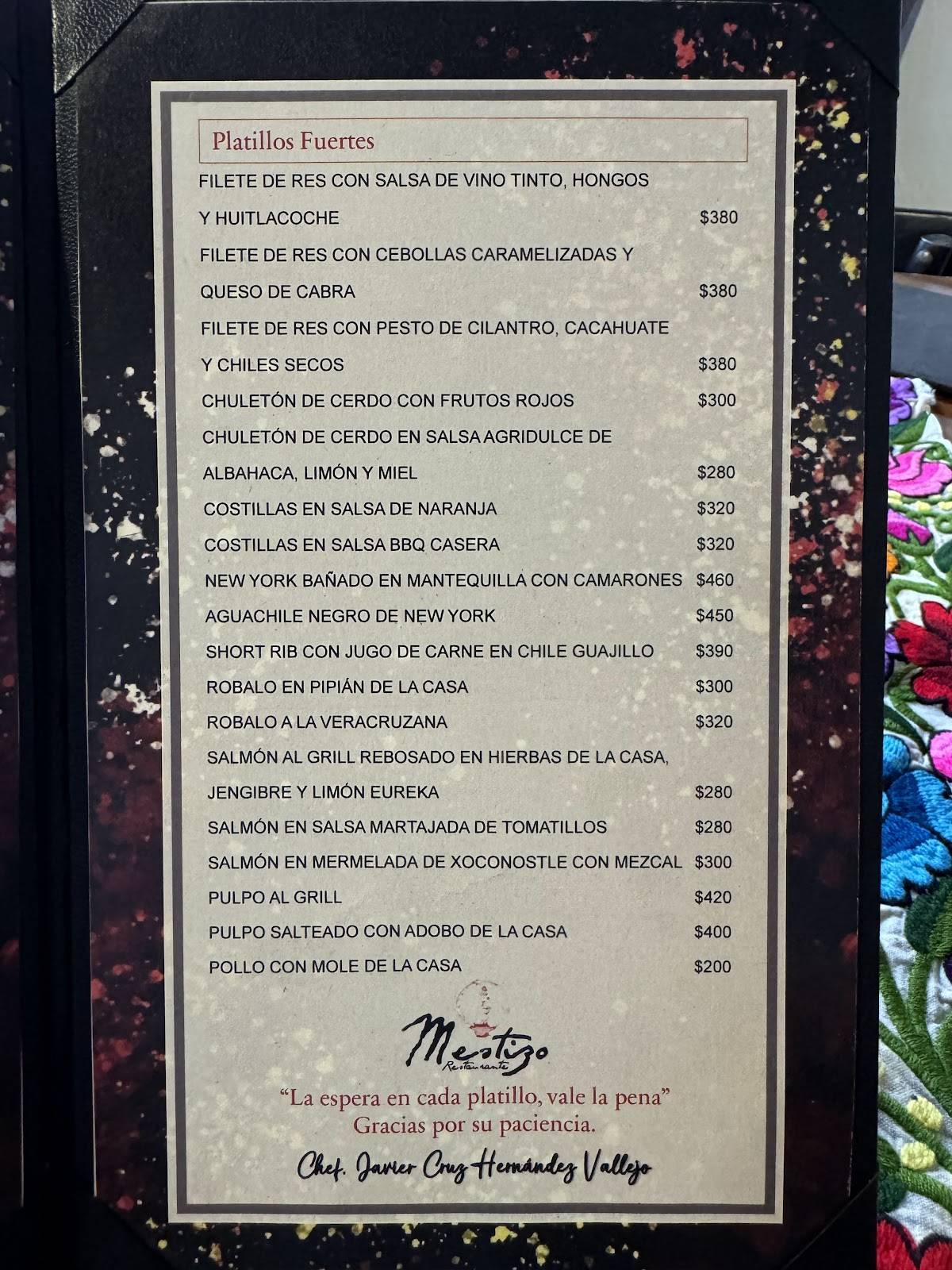 Carta del restaurante Mestizo, Guanajuato, Positos 69