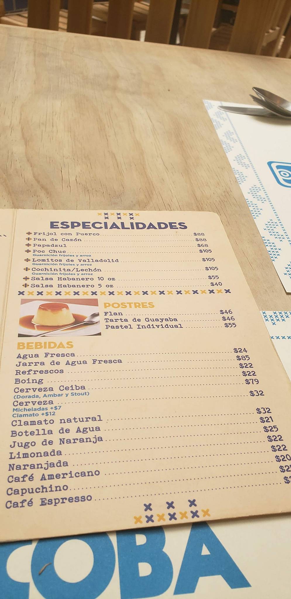 Menu at COBÁ restaurant, Mexico City, C. Nueva York 166