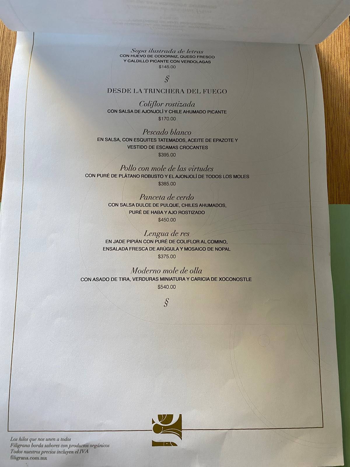 Carta del restaurante Filigrana, Ciudad del México, Av. Veracruz 62