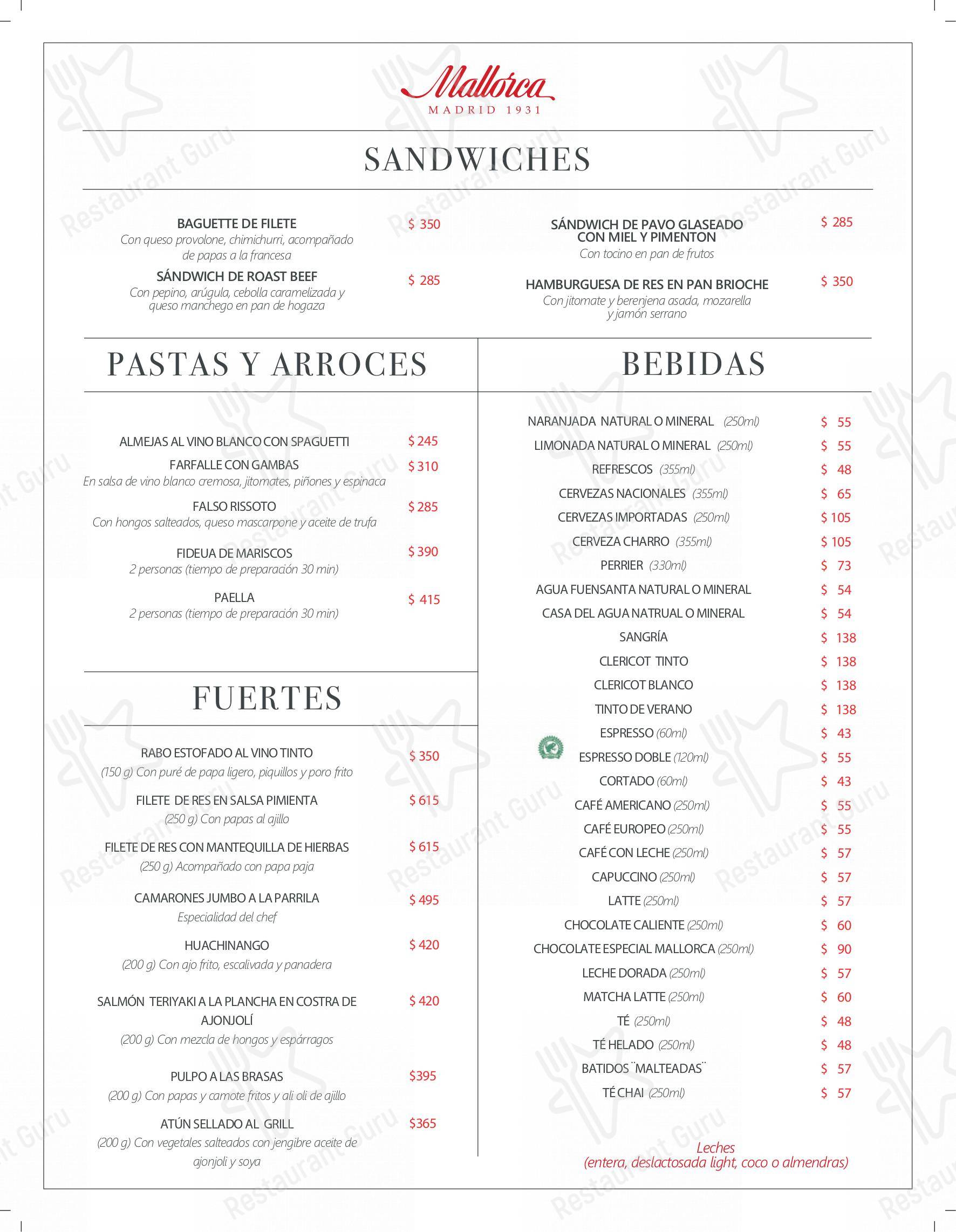 Carta de Restaurante Mallorca Lomas, Ciudad López Mateos, Av. Explanada 710